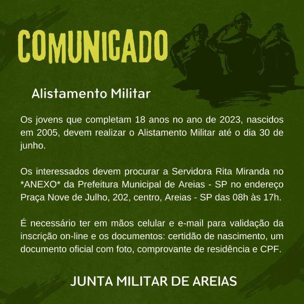 Alistamento Militar 2023 - Prefeitura Municipal de Areias Alistamento Militar 2023 - Prefeitura Municipal de Areias